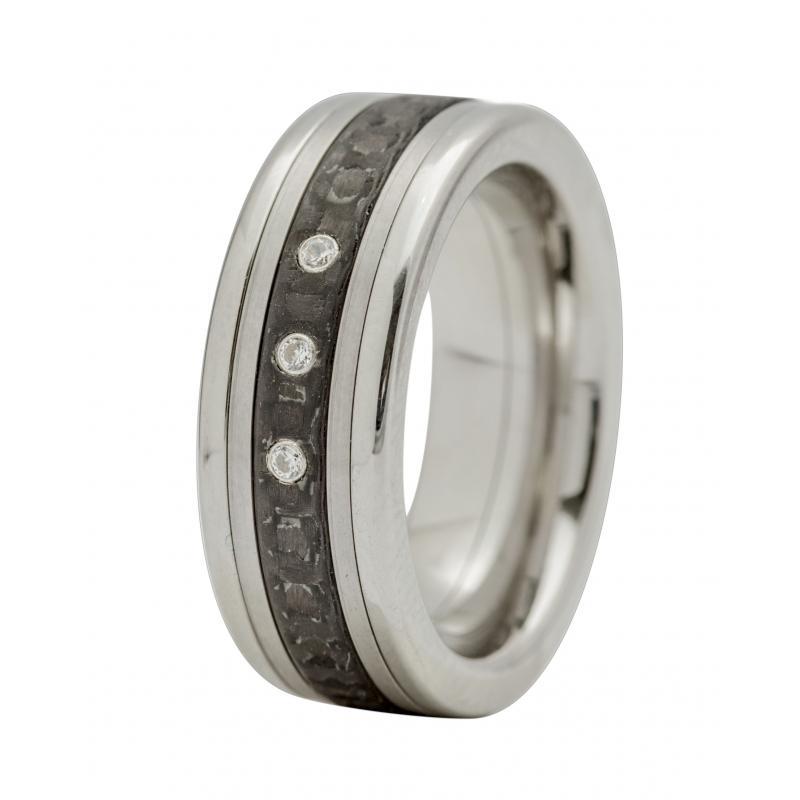 Ring Stahl-Carbon 8mm mit Carbon mittig und Zirkonia online kaufen